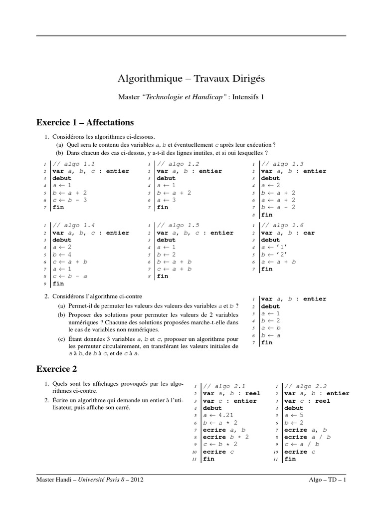 Algorithmique Travaux Diriges Ex-TD1-2012 | PDF | Somme (arithmétique) | Entier naturel
