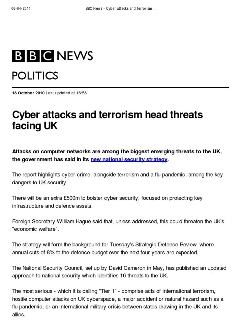 BBC News - Cyber Attacks and Terrorism Head Threats Facing UK | PDF ...