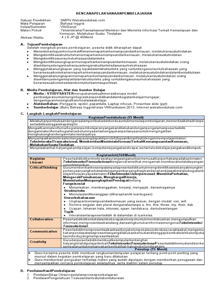 RPP 1 Lembar B.Ing Kelas 8 K13 | PDF
