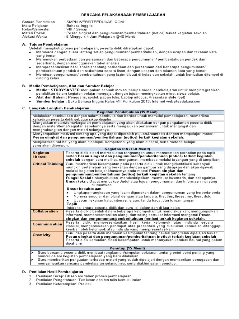 RPP 1 Lembar B.Ing Kelas 8 K13 | PDF