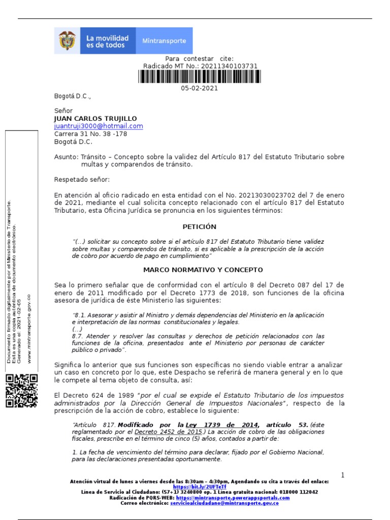 Tránsito - Concepto Sobre La Validez Del Artículo 817 Del Estatuto ...