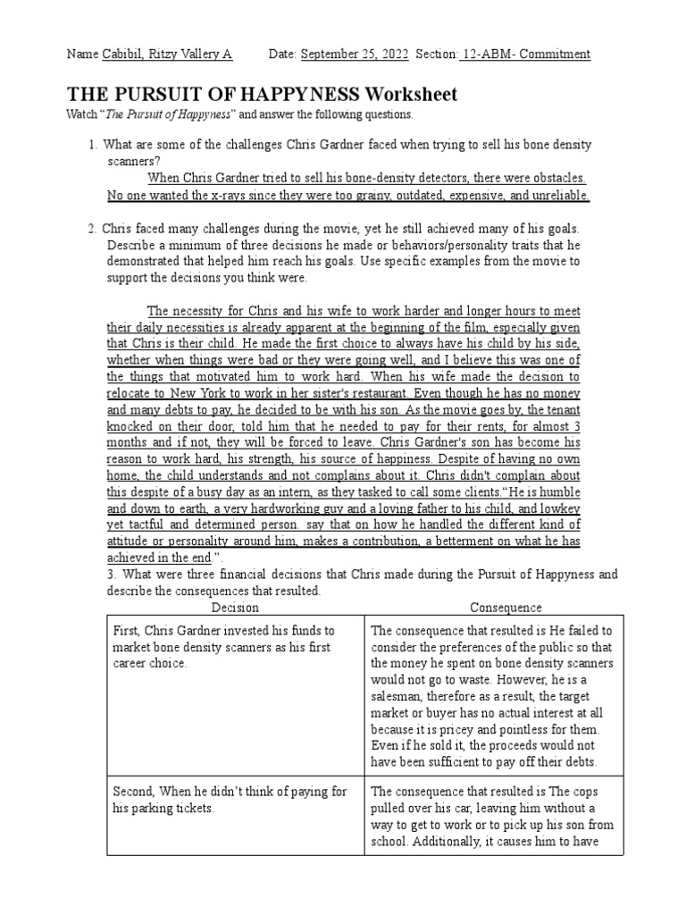 The Pursuit of Happyness Analysis Worksheet | PDF | Happiness | Psychology