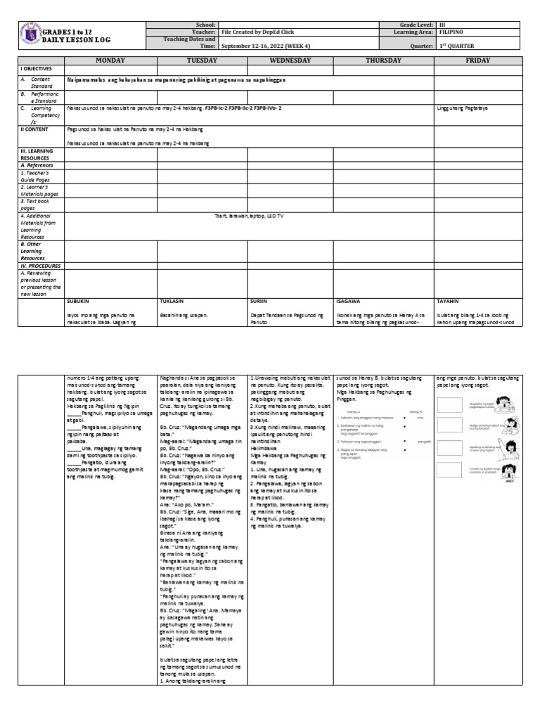 DLL - Filipino 3 - Q1 - W4 | PDF