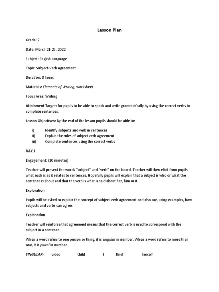 Grade 7 English Language Lesson Plan Week 11 - Subject-Verb Agreement ...