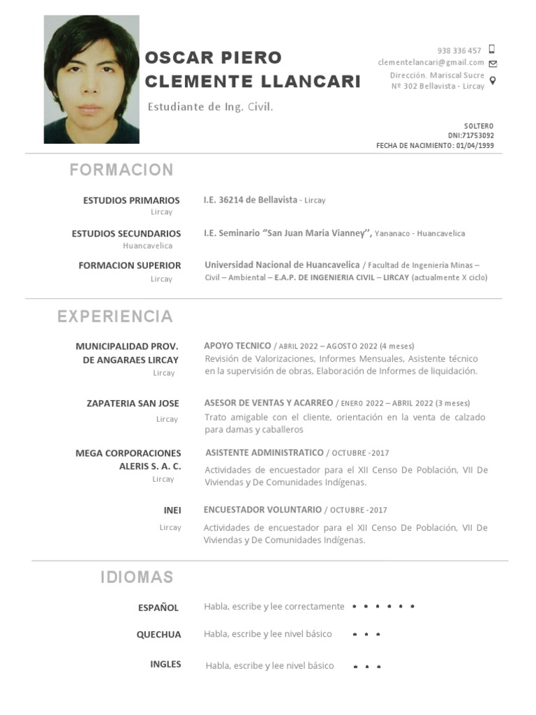 CV Clemente Llancari Oscar Piero | PDF | Ingeniería