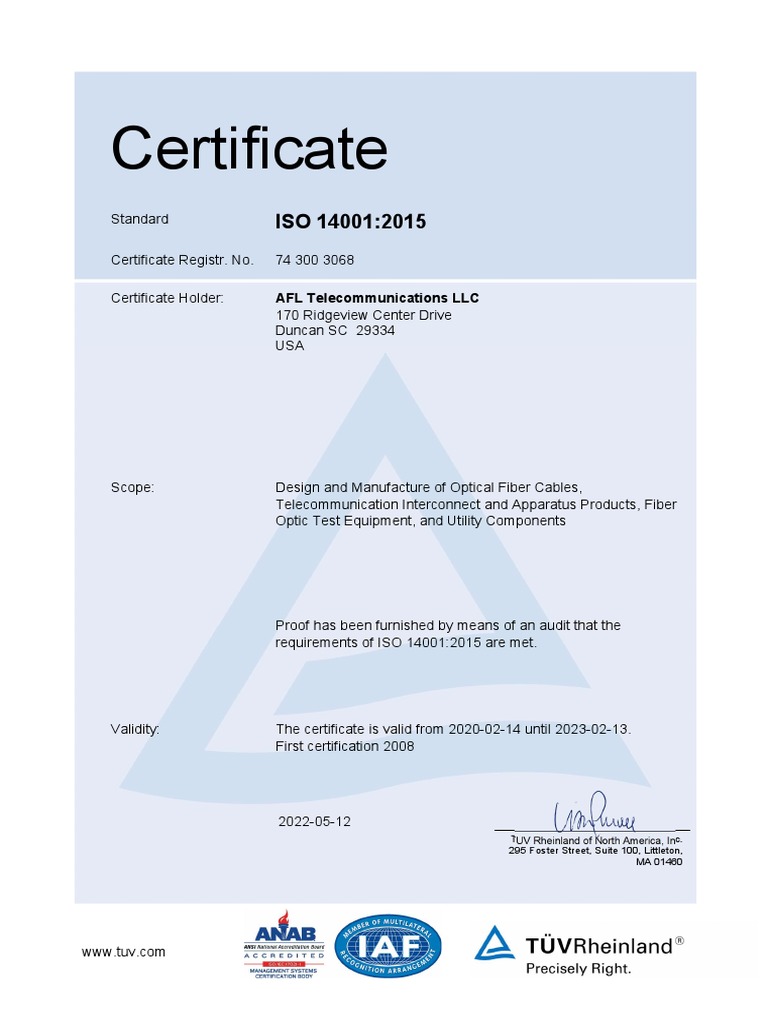 AFL Duncan ISO 14001 | PDF | Electrical Engineering | Electronics