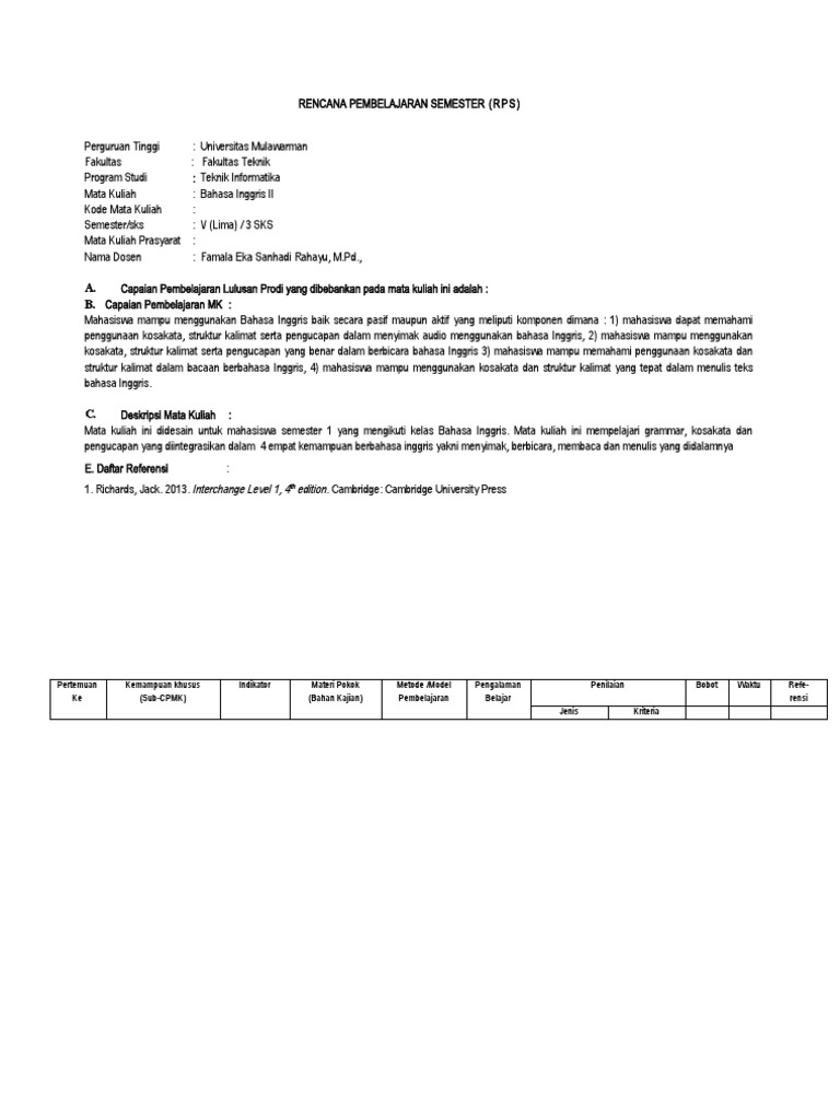 RPS Bahasa Inggris Teknik Informatika | PDF RPS Bahasa Inggris Teknik Informatika | PDF