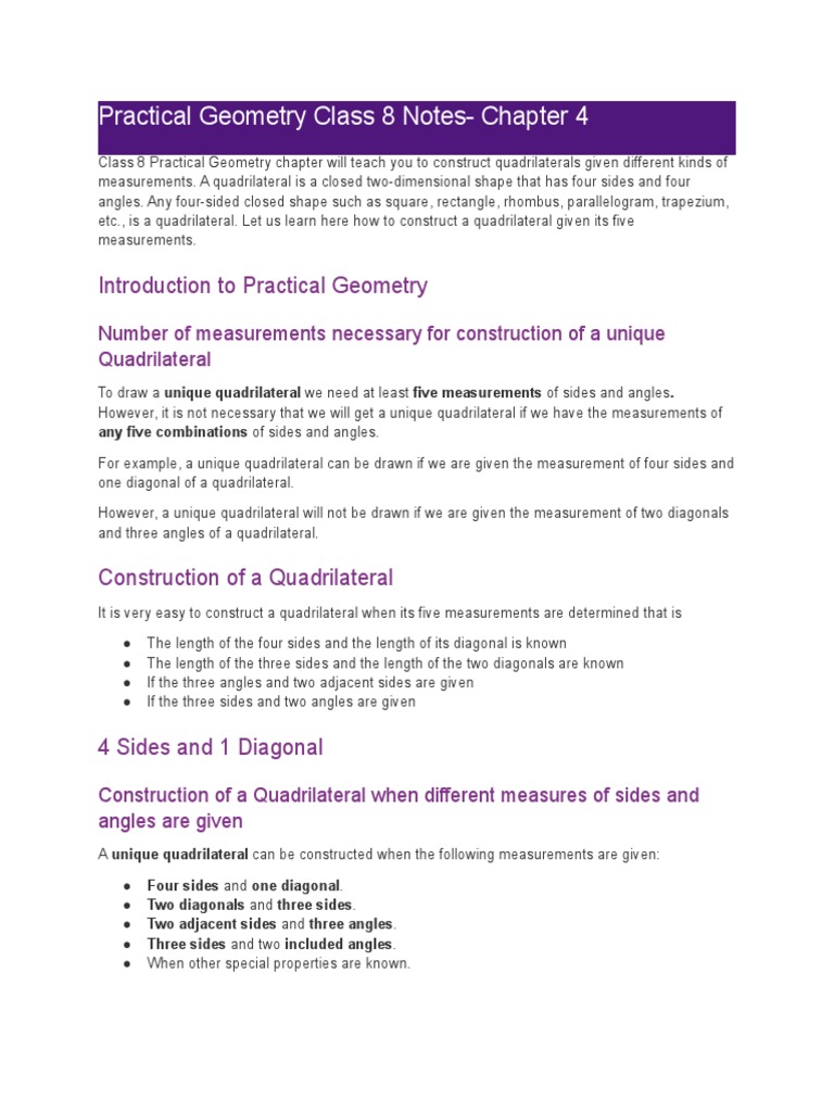 Practical Geometry Class 8 Notes Chapter 4 | PDF | Perpendicular | Geometry