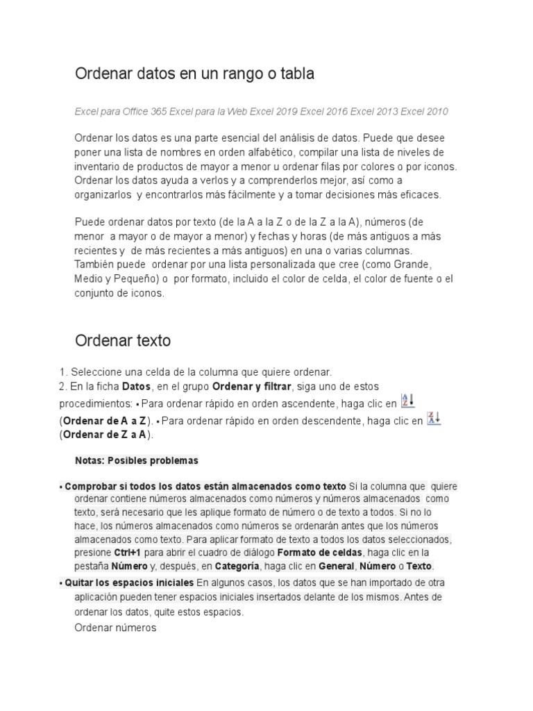 Ordenar Datos en Un Rango o Tabla | PDF | Microsoft Excel | Hoja de cálculo Ordenar Datos en Un Rango o Tabla | PDF | Microsoft Excel | Hoja de cálculo