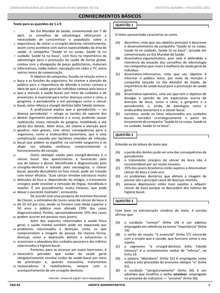 Prova Cro Rs 2022 QUADRIX - Cad - Prova - 200-203 - Agente - Adm - CRO-RS - Concurso - Publico ...