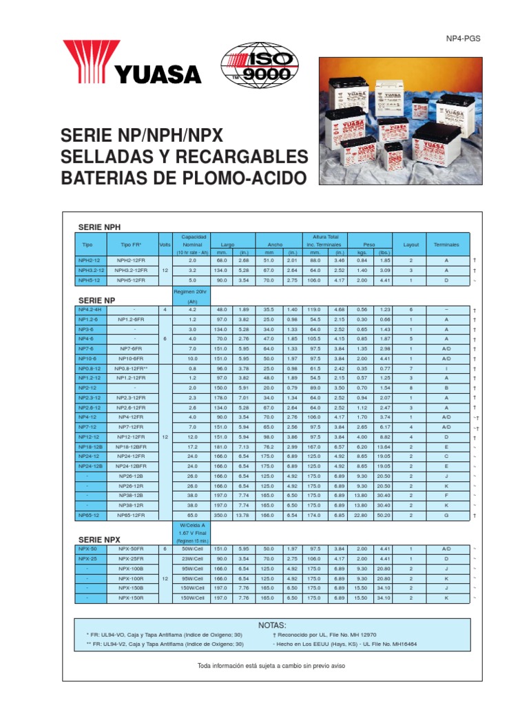 Yuasa Battery Ficha Tecnica | PDF