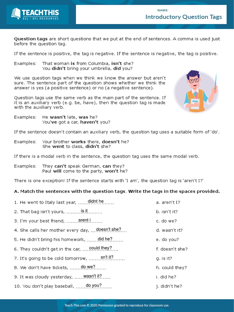 Introductory Question Tags Interactive Worksheet | PDF | Verb | Syntax