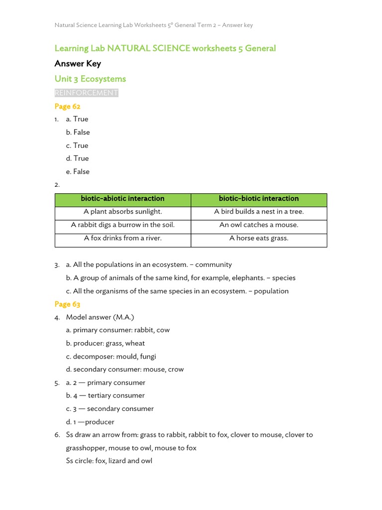 Natural Science 5th Grade Worksheets Answer Key | PDF | Ecosystem ...