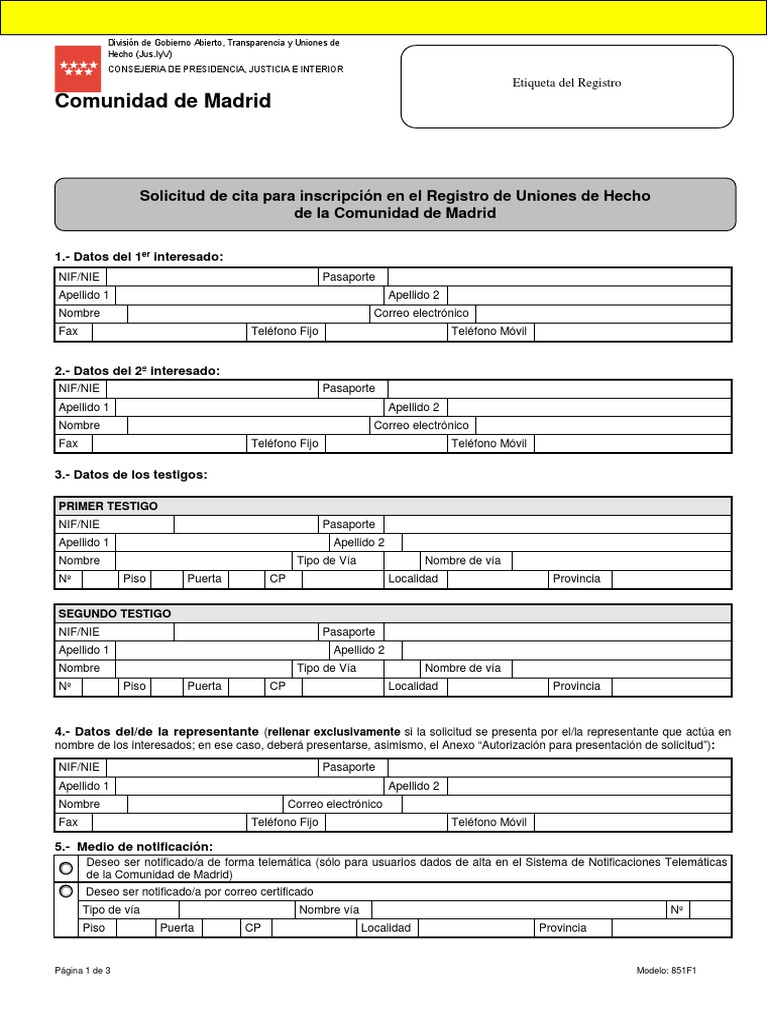 Comunidad de Madrid: Solicitud de Cita para Inscripción en El Registro de Uniones de Hecho de La ...