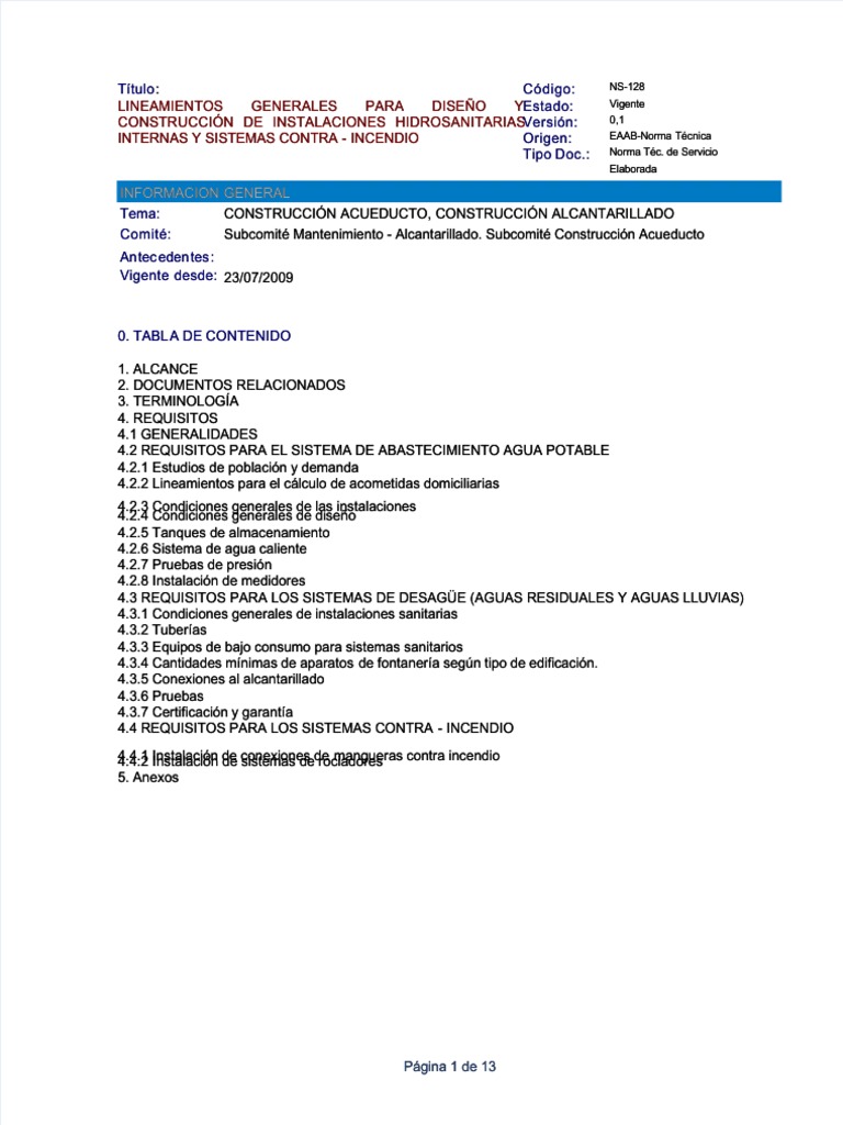 ns-128-V0.1 Lineamientos Generales para Diseño y Construcción de Instalaciones Hidrosanitarias ...