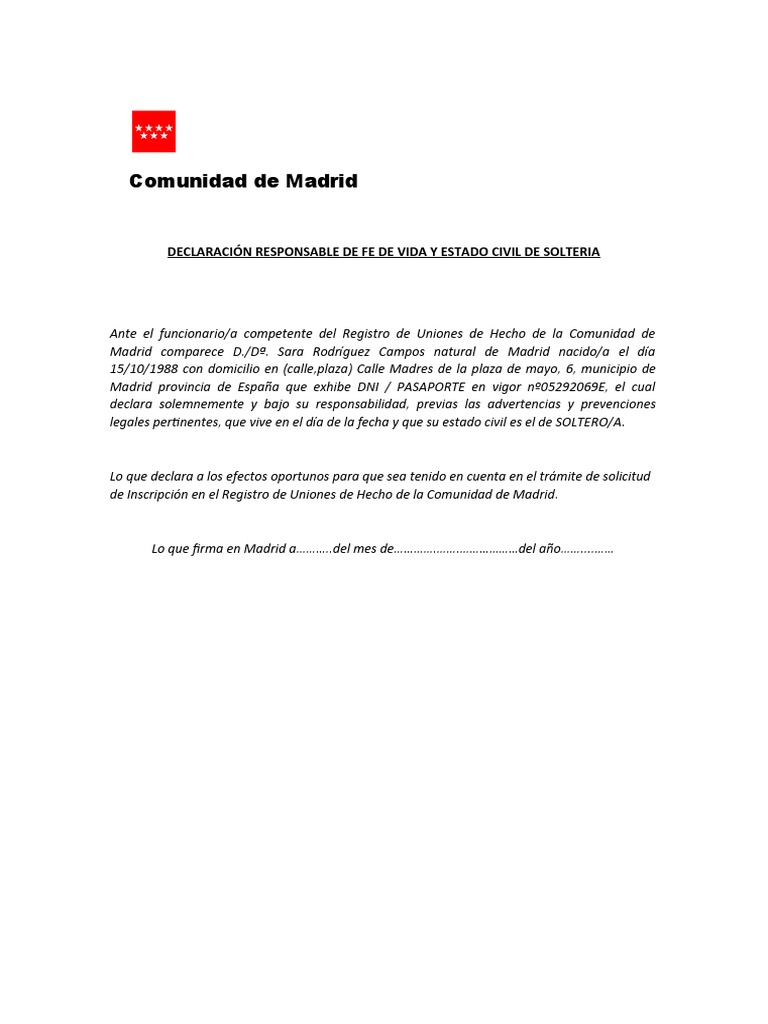 Modelo Declaracion Responsable Fe Vida y Estado | PDF