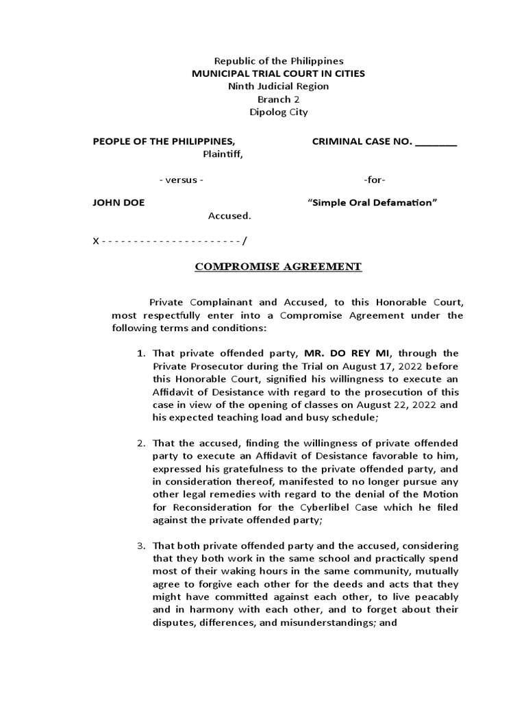 Sample Compromise Agreement - Oral Defamation - 18august2022 | PDF ... Sample Compromise Agreement - Oral Defamation - 18august2022 | PDF ...