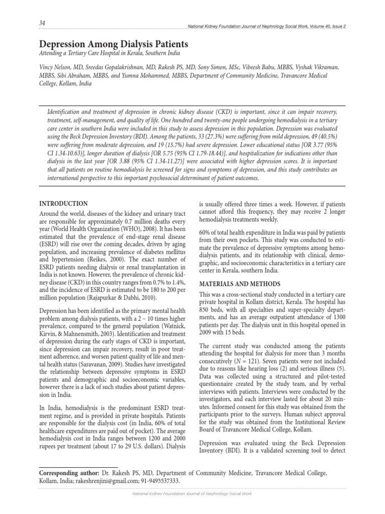 Depression Among Dialysis Patients: National Kidney Foundation Journal ...