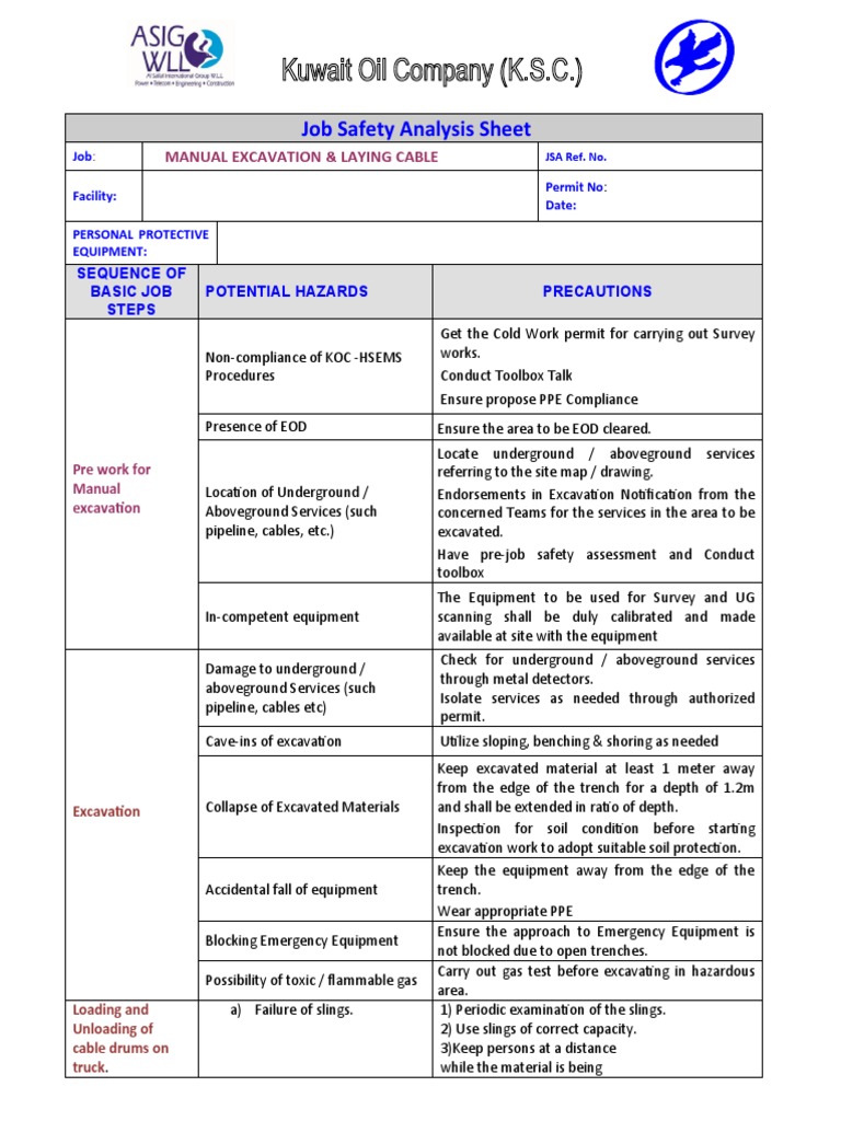 JSA Manual Excavation and Cable Laying | Download Free PDF | Crane (Machine) | Safety