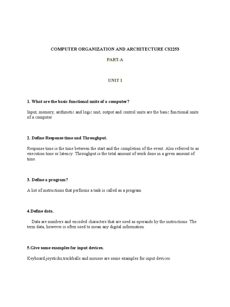 Computer Organization and Architecture Cs2253: Part-A | PDF | Instruction Set | Central ...