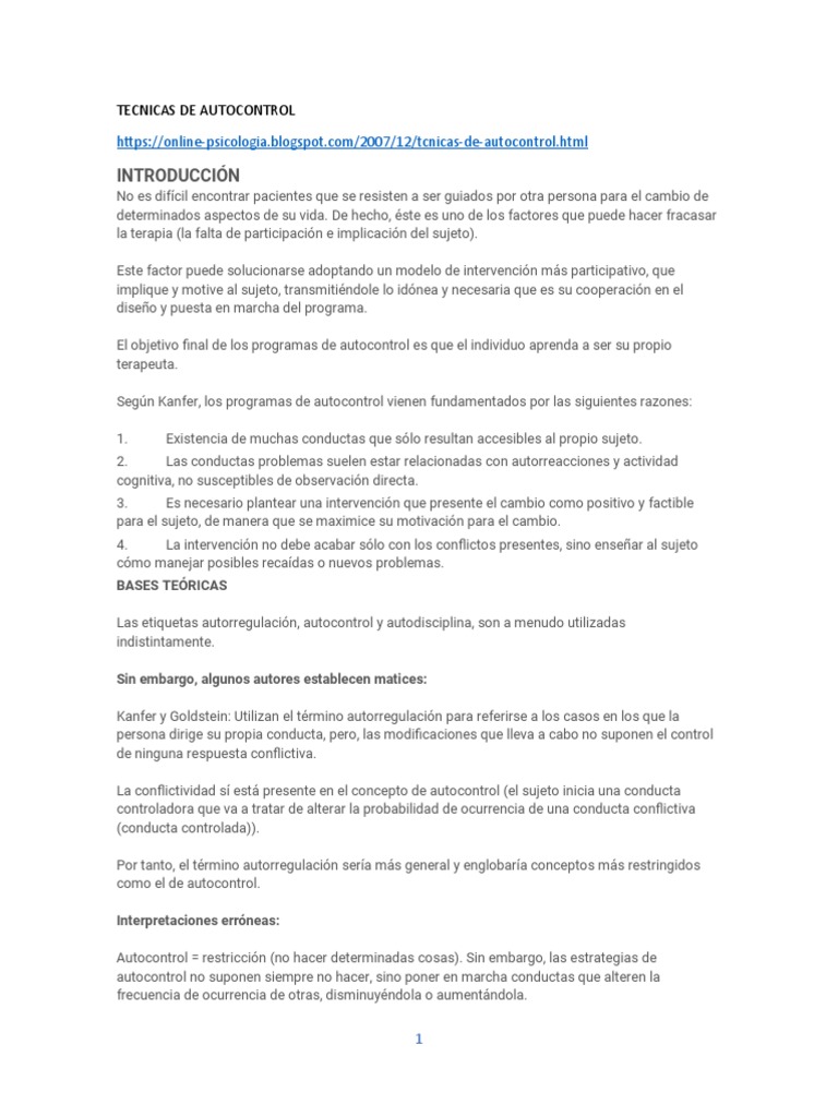 Tecnicas de Autocontrol | PDF | Comportamiento | Reforzamiento