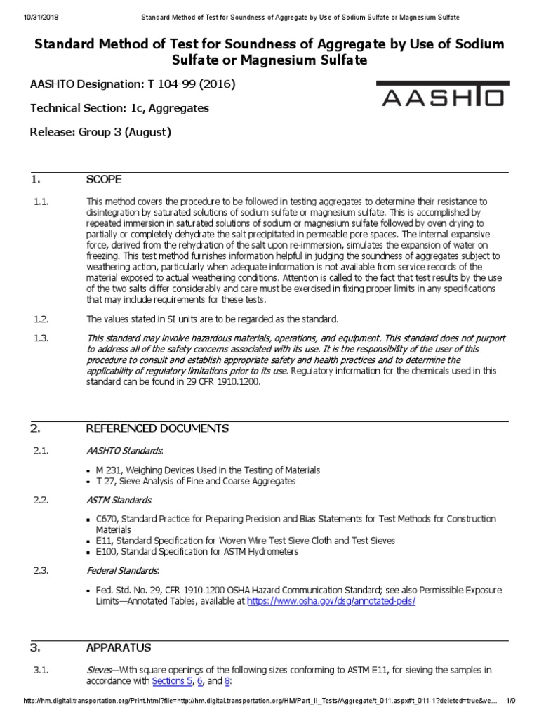 T 104-99 Standard Method of Test For Soundness of Aggregate by Use of ...