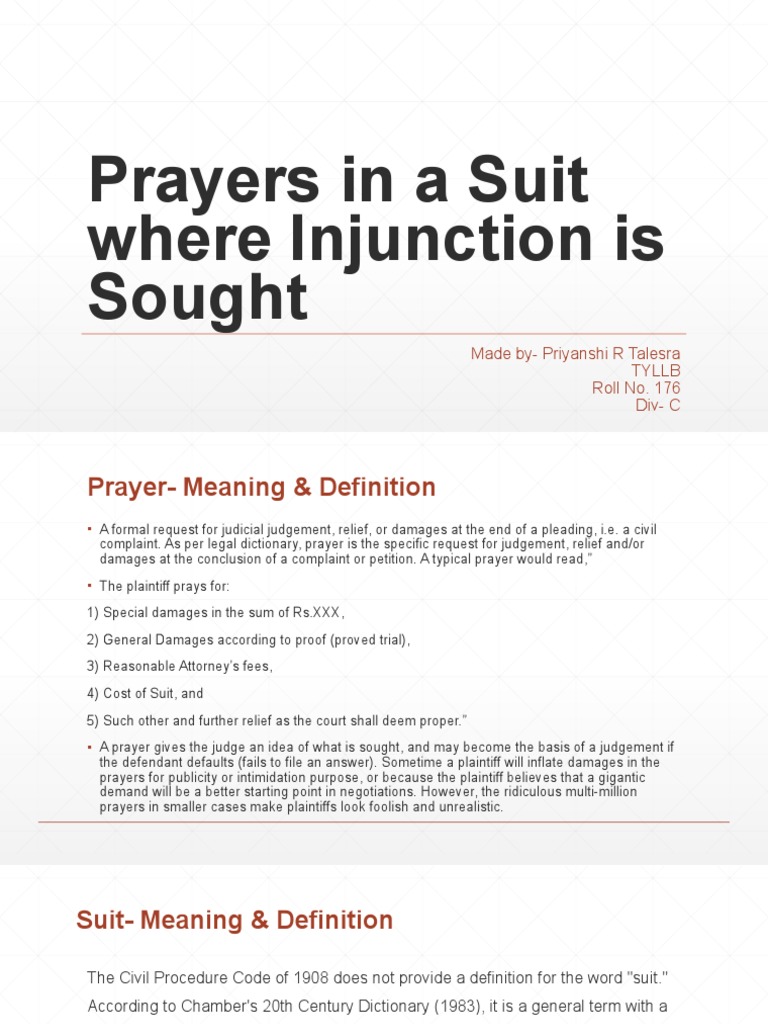 Prayers in A Suit Where Injunction Is Sought: Made By-Priyanshi R Talesra Tyllb Roll No. 176 Div ...
