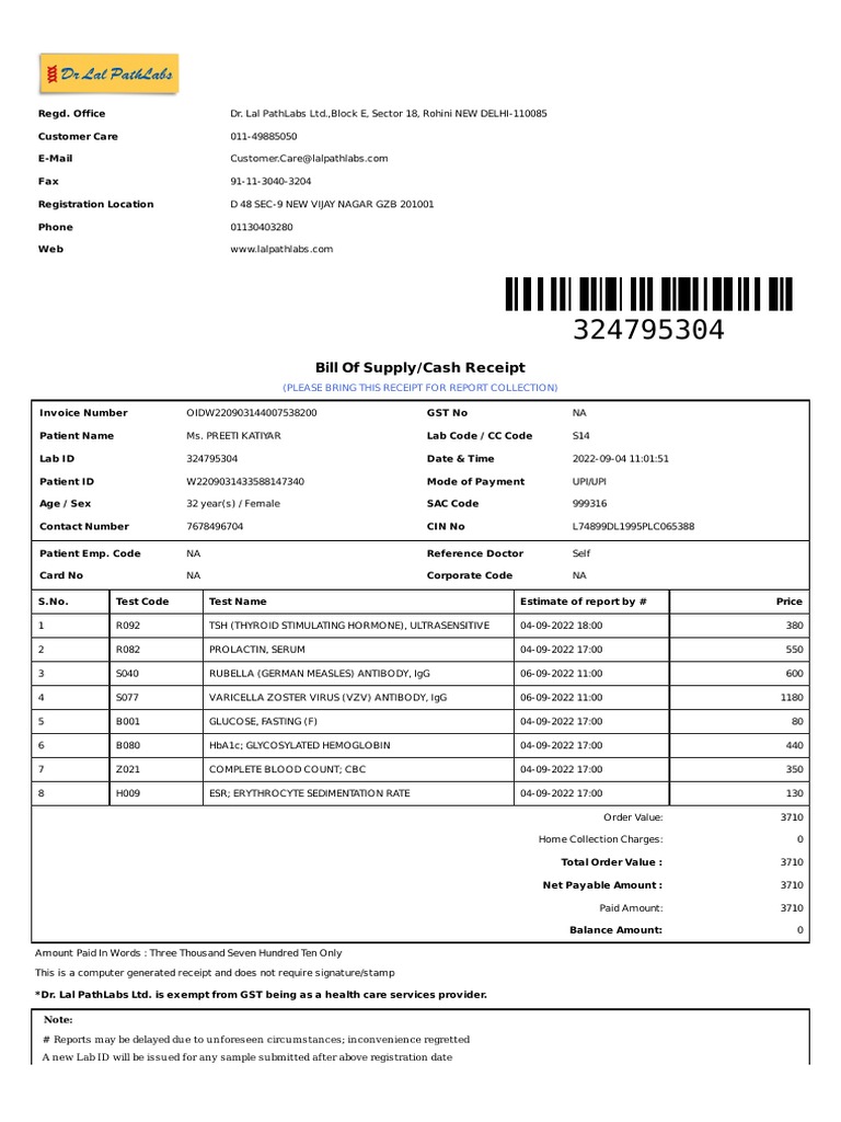 Dr Lal PathLabs Test Receipt for Preeti Katiyar | PDF | Mobile App ...