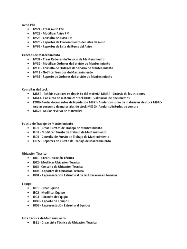 Transacciones SAP PM | PDF