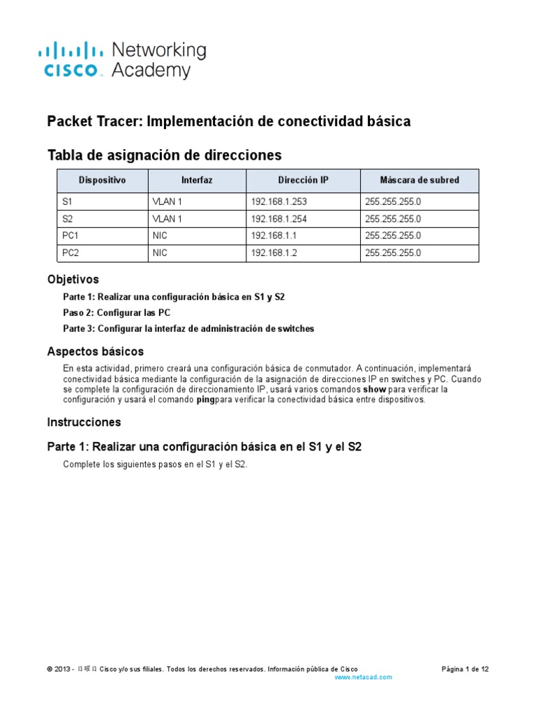 2.7.6 Packet Tracer - Implement Basic Connectivity | PDF | Dirección IP | Conmutador de red