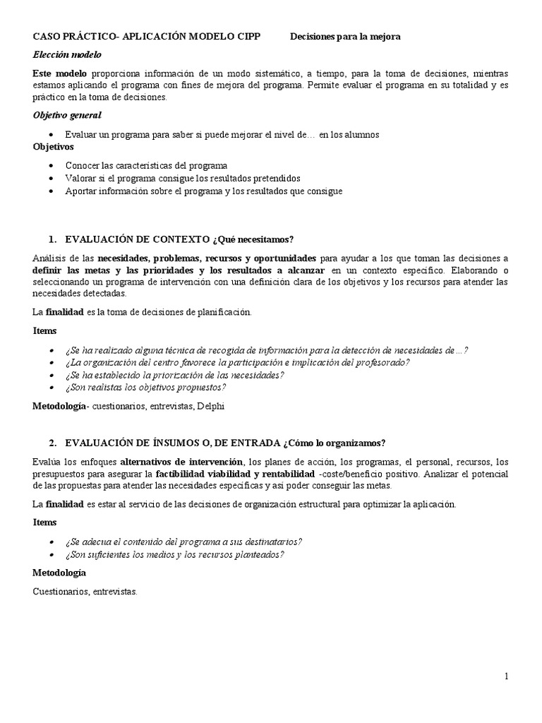 CASO PRÁCTICO APLICACIÓN MODELO CIPP Pili | PDF | Evaluación | Toma de ...