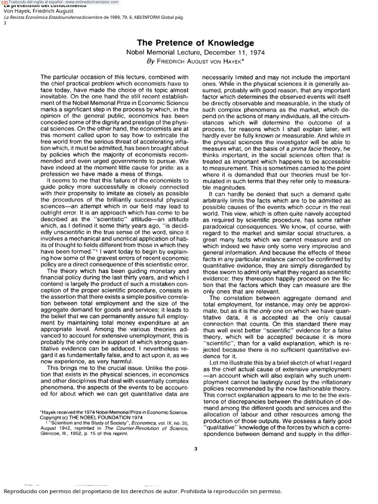 The Pretence of Knowledge - Hayek - En.es | PDF