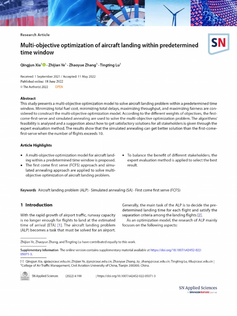 Multi-Objective Optimization of Aircraft Landing Within Predetermined ...