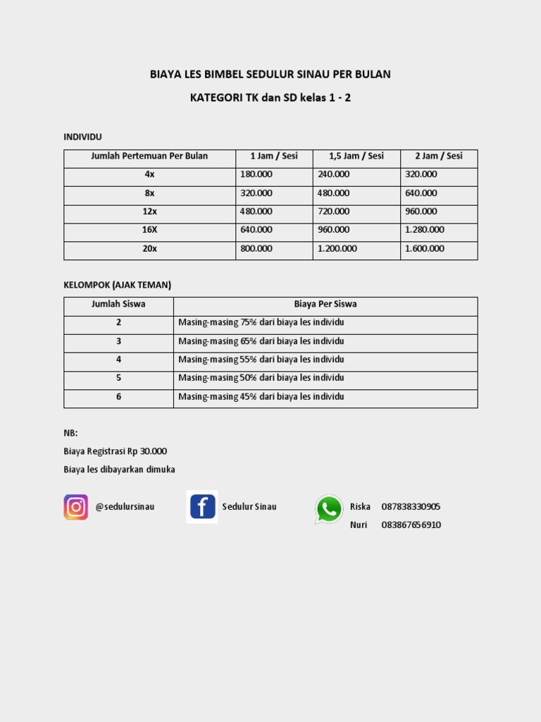 Biaya Les Bimbel Sedulur Sinau | PDF