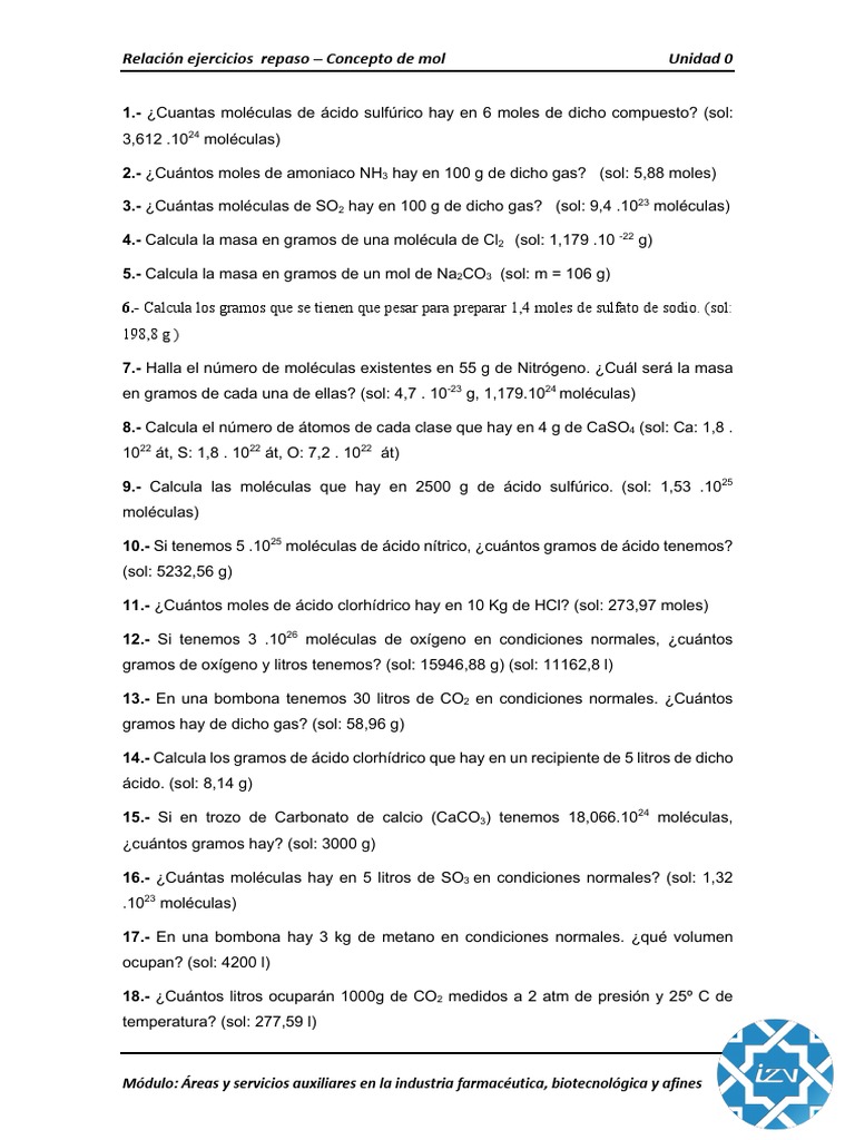 Ejercicios de mol: Conceptos y cálculos | PDF | Mole (Unidad) | Oxígeno