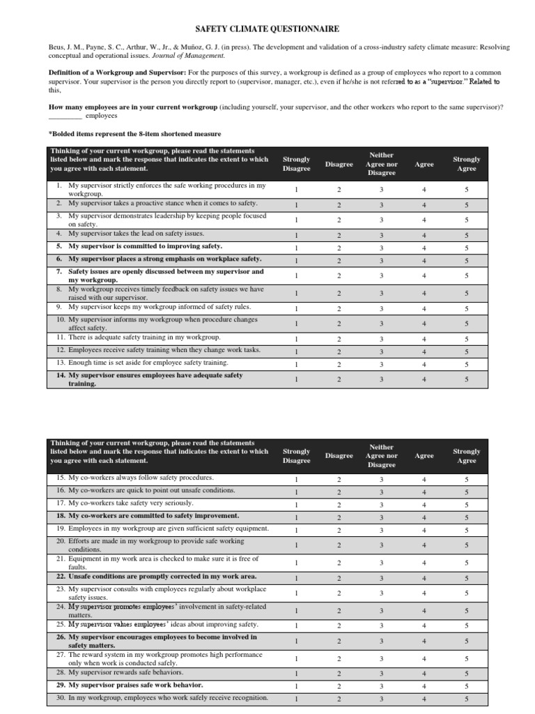 Safety Climate Questionnaire Master Version 12-13-2017 | PDF ...