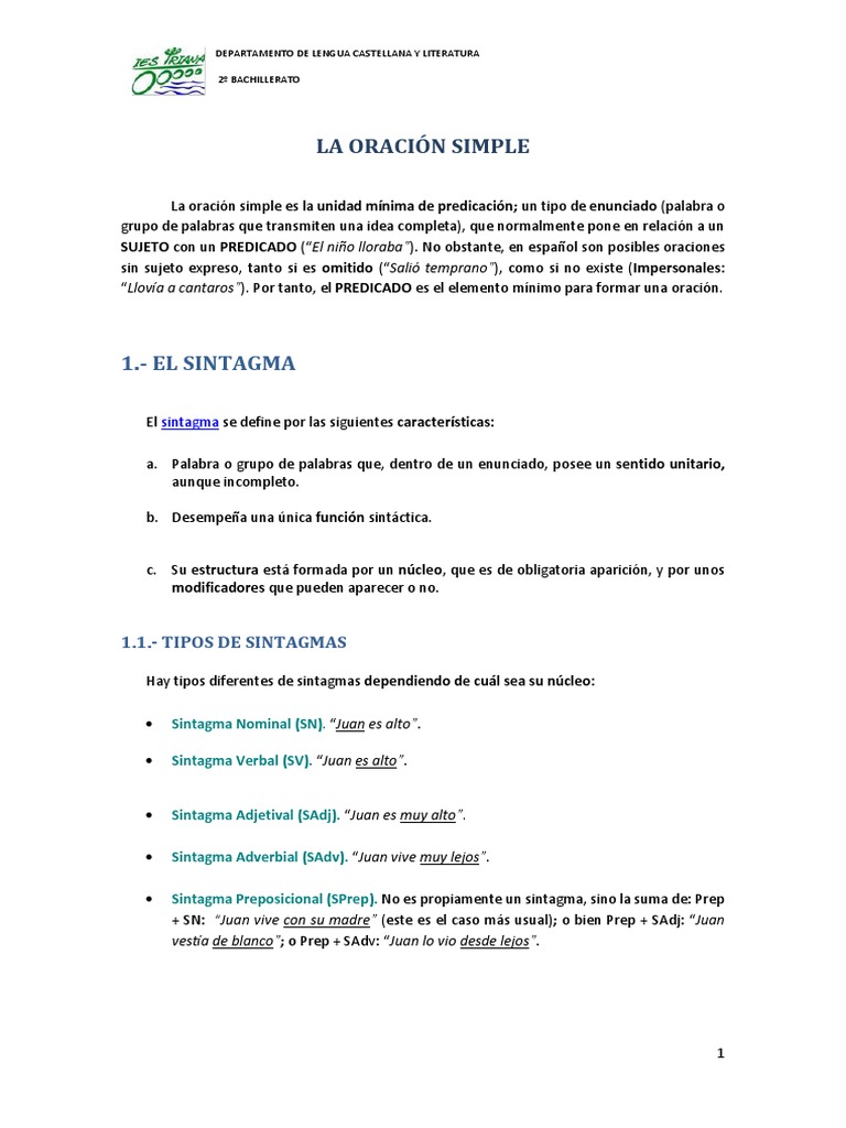 04 - Oración Simple | PDF | Asunto (gramática) | Verbo