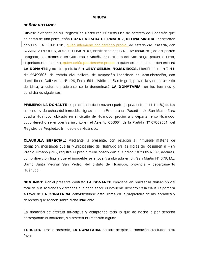 Minuta de Donacion Acciones y Derechos Celina Magda A Jesy Celina Rojas Boza | PDF | Donación ...