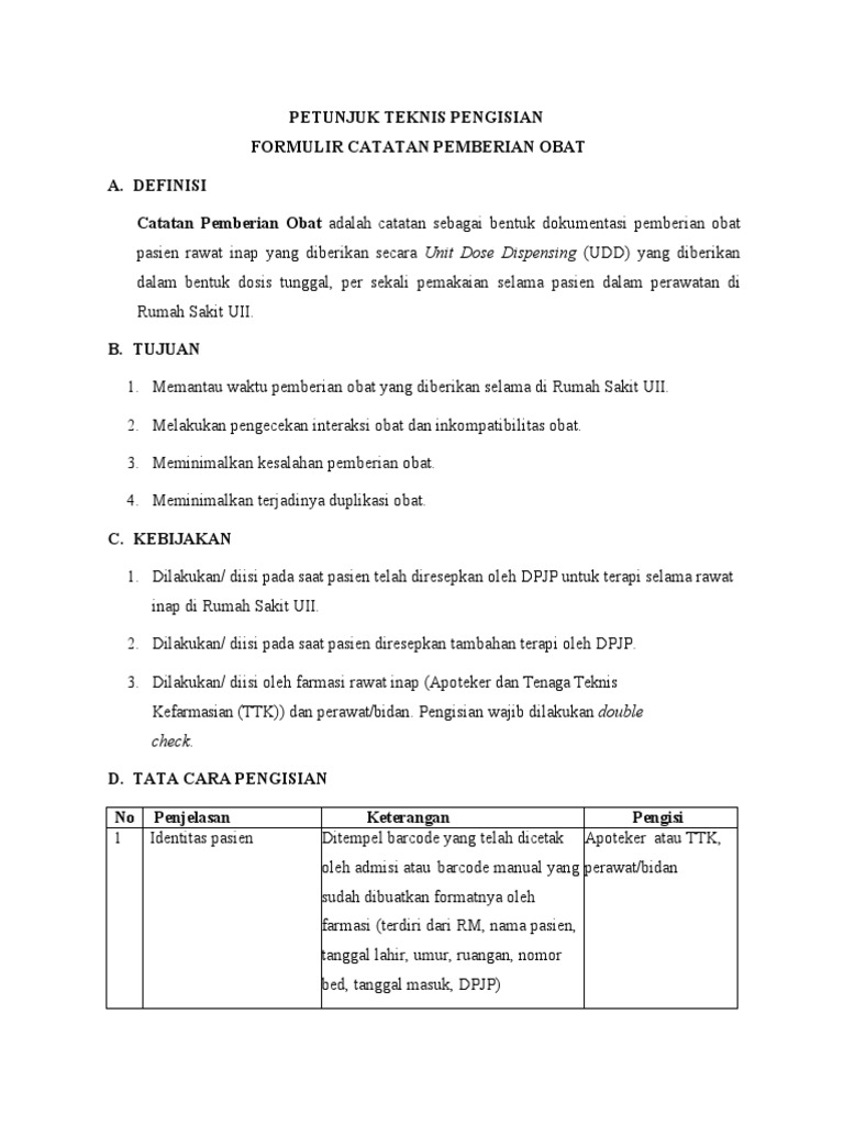 Fix Petunjuk Teknis Pengisian Formulir Catatan Pemberian Obat | PDF