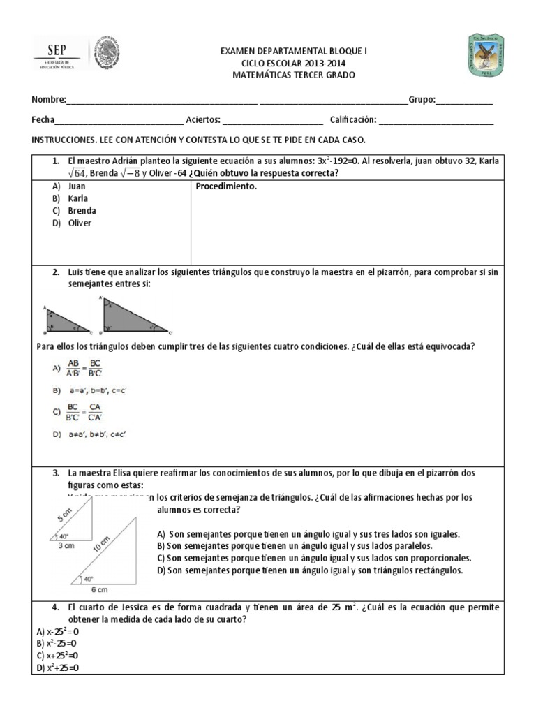 Examen Matemáticas 3er Grado 2013-2014 | PDF | Triángulo | Geometría ...