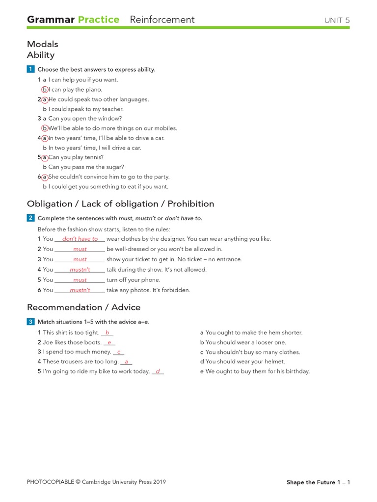 Shape The Future 1 - Grammar Practice Reinforcement - Unit 5 - With Answers | PDF