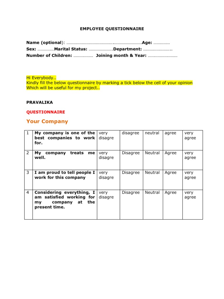 Employee Questionnaire Template | PDF