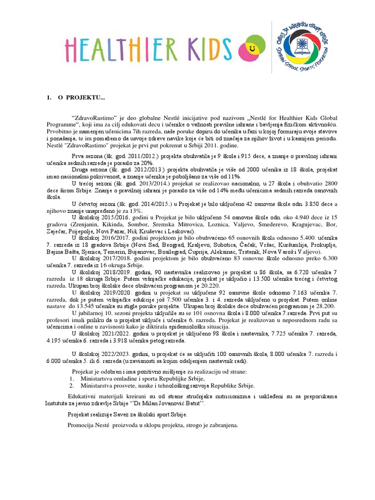 Projekat Zdravo Rastimo 2022-2023. | PDF