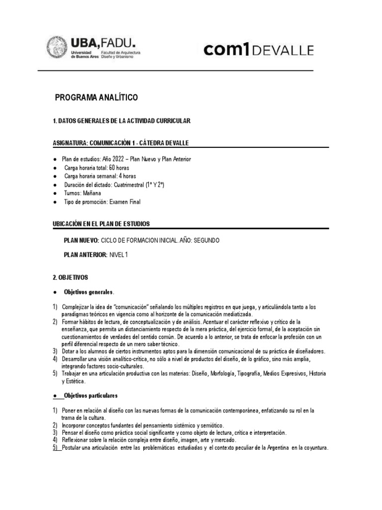 Devalle Comunicacion 1 Programa de Materia 2022 | PDF | Diseño | Plan de estudios