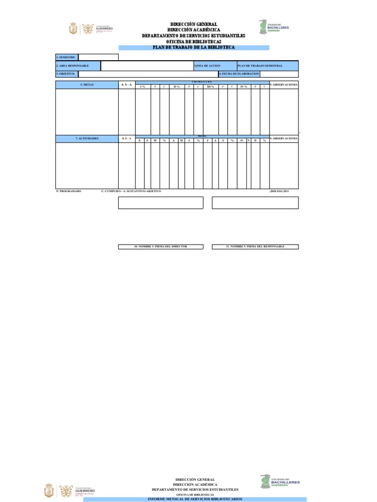 Formato de Plan Semestral de Biblioteca e Informe Mensual | PDF