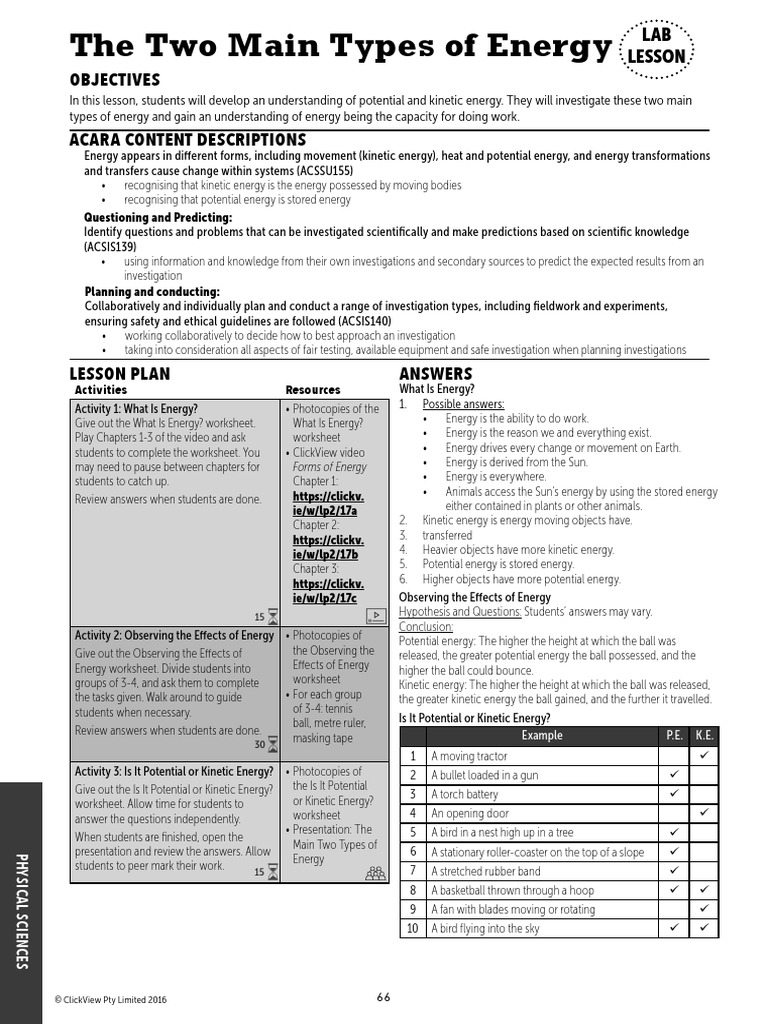 Year 8 Lesson Plan - The Two Main Types of Energy | PDF | Potential ...
