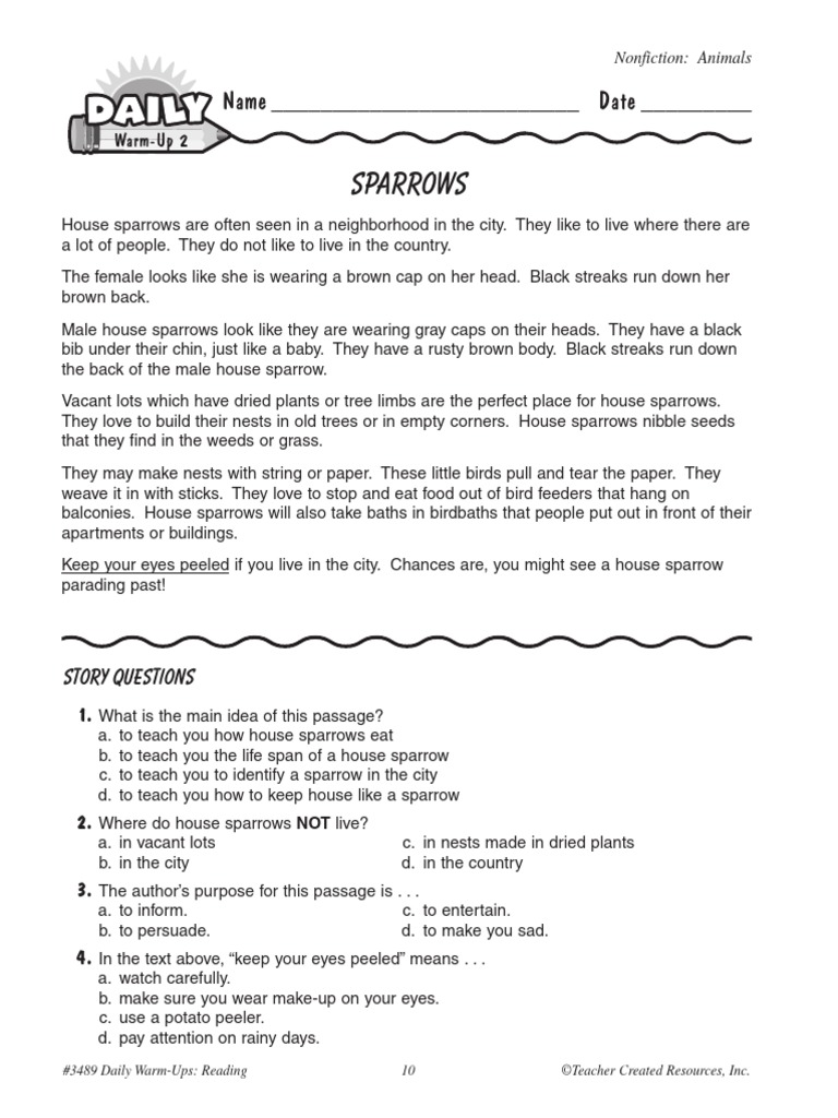 Reading Comprehension - Sparrows | PDF | Language Arts & Discipline ...