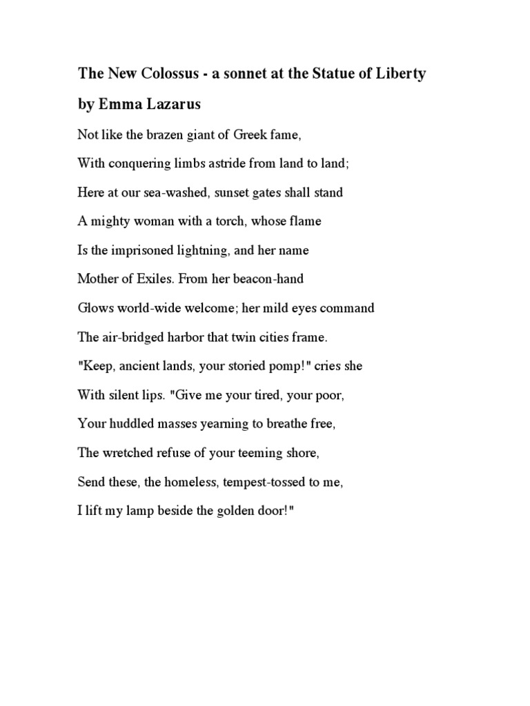 The New Colossus by Emma Lazarus | PDF | Poetic Form | Stanzaic Form
