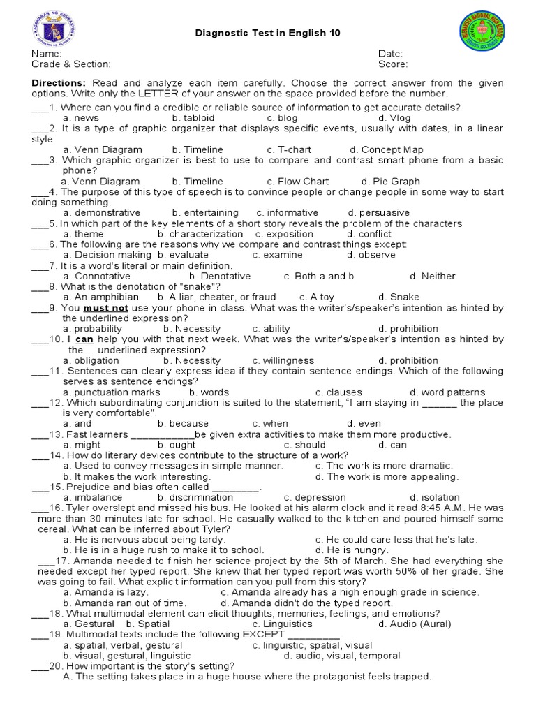 Grade 10 English Diagnostic Test | PDF | Data | Gesture