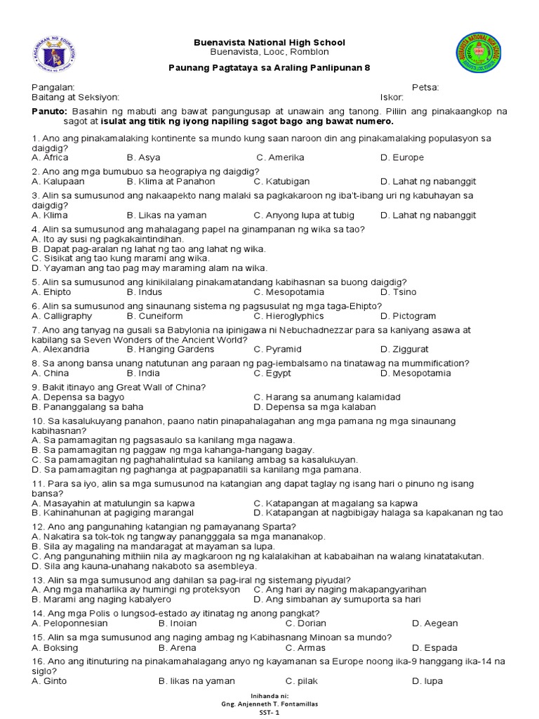 Diagnostic Test in AP 8 | PDF